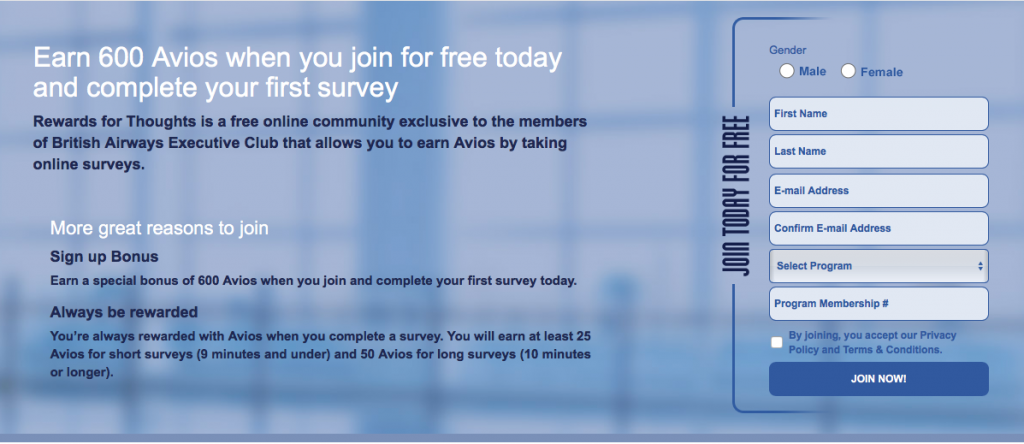 大英航空（British Airways）问卷调查网站Rewards for Thoughts新用户注册并完成问卷送600 Avios | 北美牧羊场